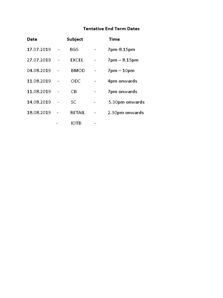 Tentative End Term Dates | PDF