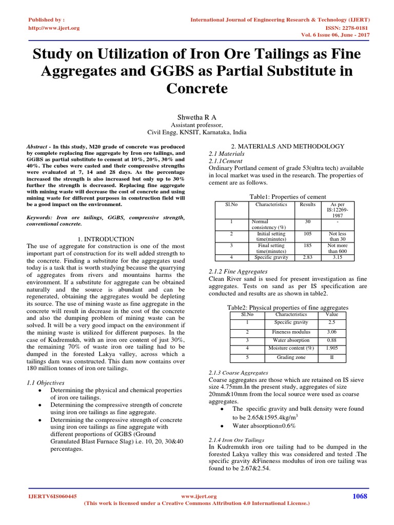 Study On Utilization of Iron Ore Tailings As Fine Aggregates and Ggbs ...