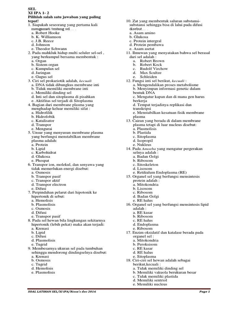 Soal Xi Sel | PDF