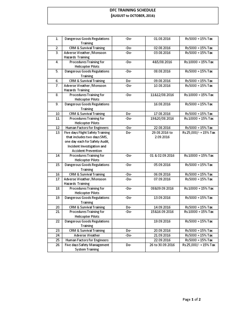 DFC Training Schedule | PDF | Dangerous Goods | Aviation Safety