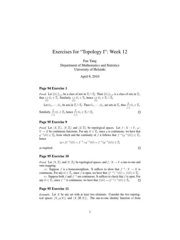 Exercises For "Topology I": Week 12 | PDF | Continuous Function | Logic