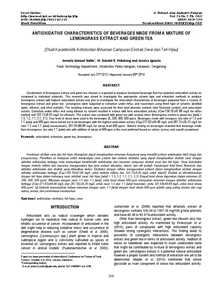 Antioxidative Characteristics of Beverages Made From A Mixture of Lemongrass Extract and Green ...