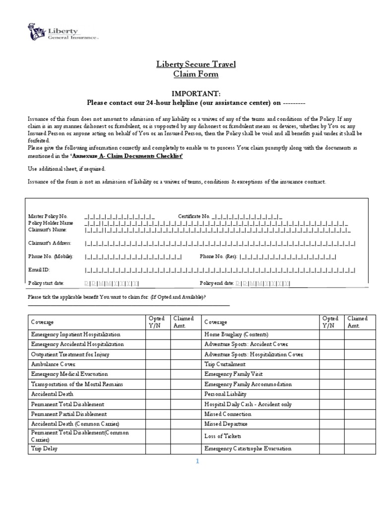 Liberty Secure Travel Claim Form: Important: Please Contact Our 24-Hour ...