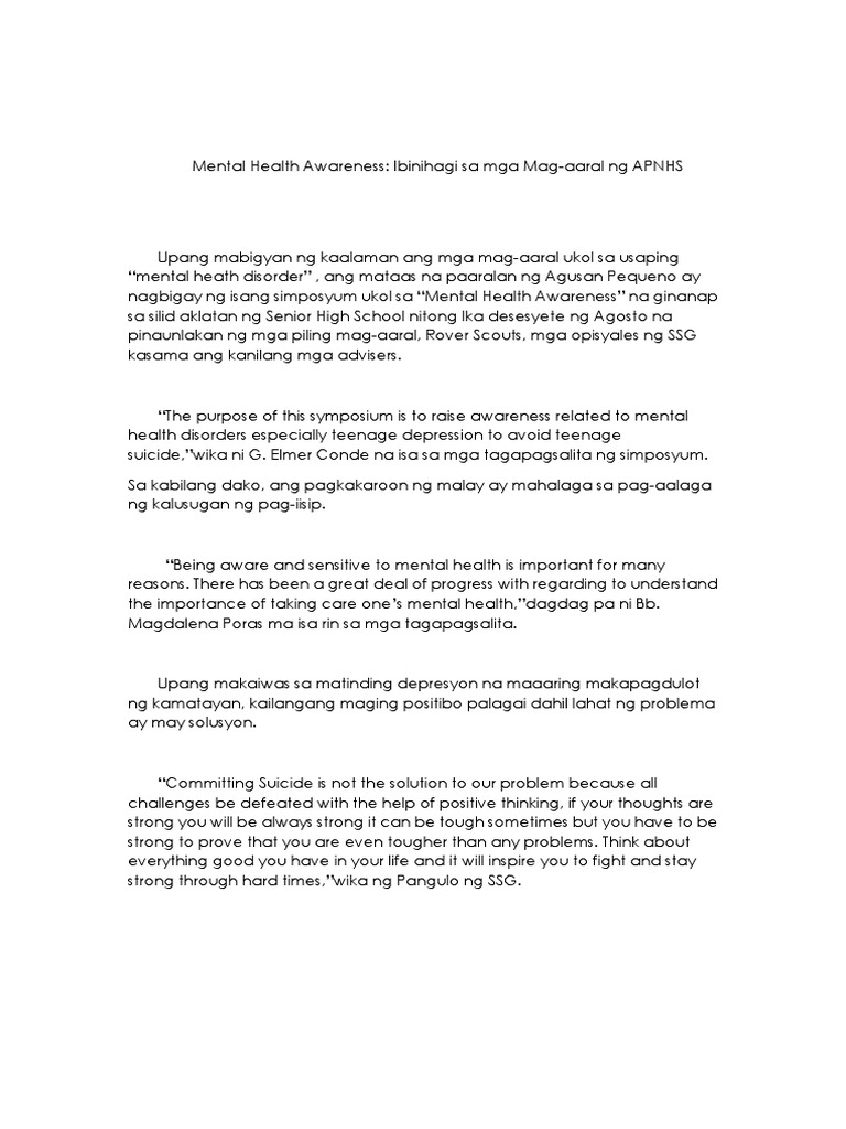 Mental Health Awareness FILIPINO | PDF