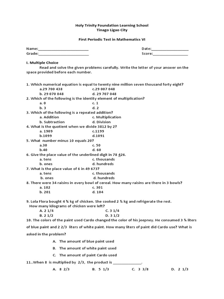 Holy Trinity Foundation Learning School Math Test | PDF | Numbers ...