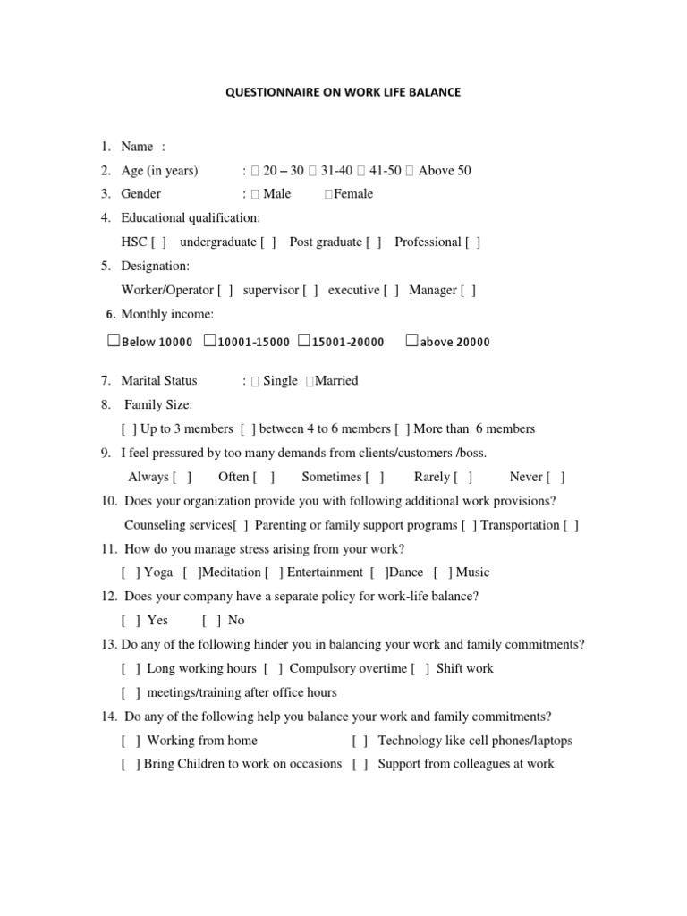 Questionnaire On Work Life Balance | PDF | Work–Life Balance | Employment