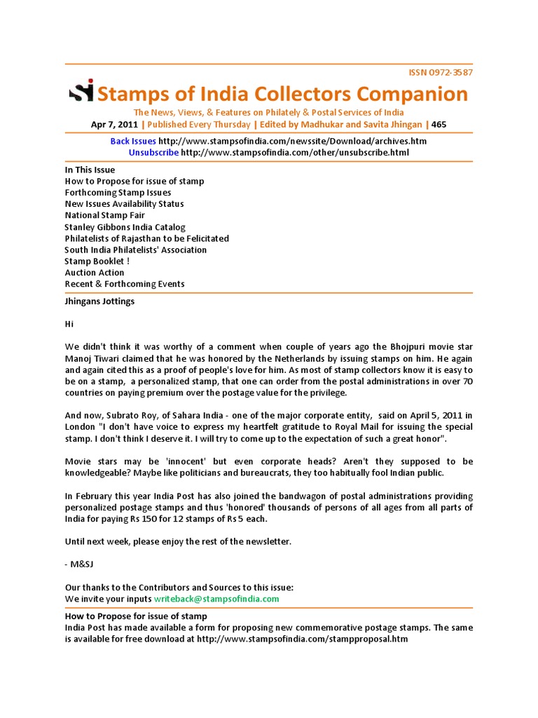 Stamps of India Collectors Companion: Back Issues Unsubscribe | PDF ...