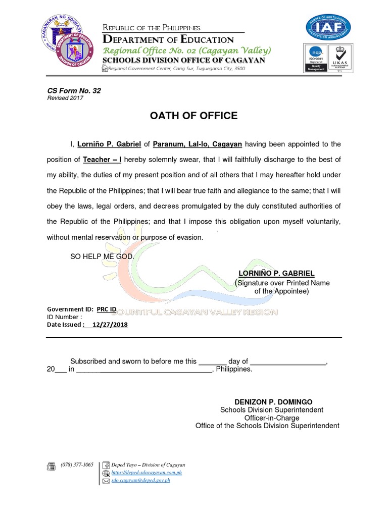 Oath of Office for Teacher Lorniño P. Gabriel of Paranum, Lal-lo ...
