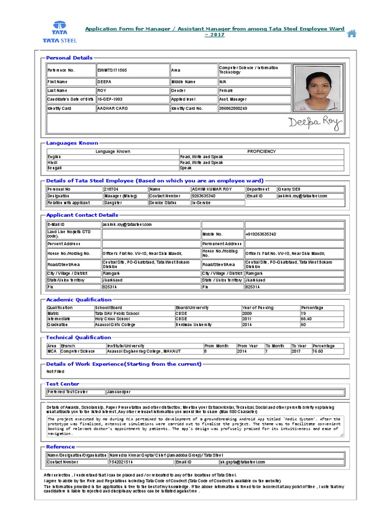 Application Form For Manager / Assistant Manager From Among Tata Steel ...