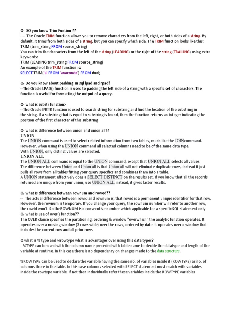 SQL functions, cursors, UNION, TRIM, LPAD, RPAD, SUBSTR explained | PDF ...