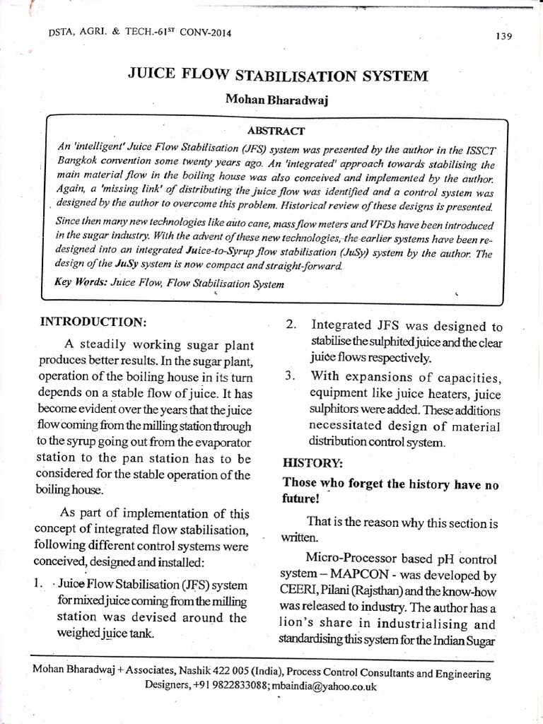 Redesign of the Juice Flow Stabilization System for Modern Sugar Mills ...