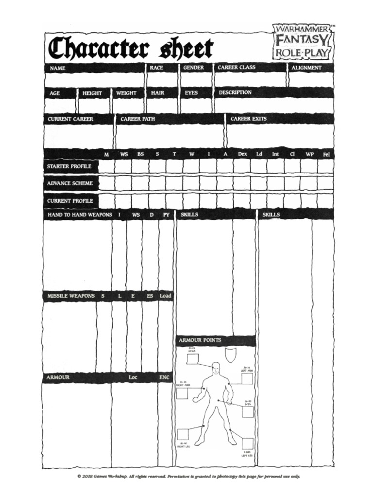 Warhammer Fantasy Roleplay First Edition - Character Sheet PDF | PDF