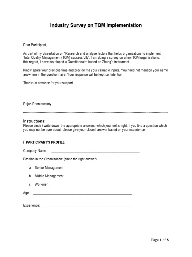 Industry Survey Questionnaire | PDF | Quality Management | Quality ...