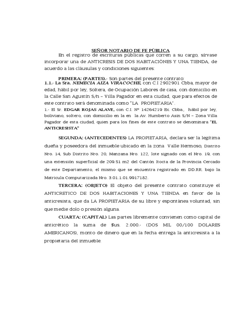 Contrato de Anticretico | PDF | Hipoteca Comercial | Finanzas y dinero