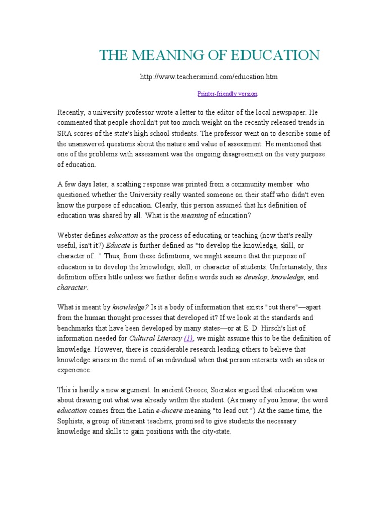 The Meaning of Education | PDF | Knowledge | Teachers