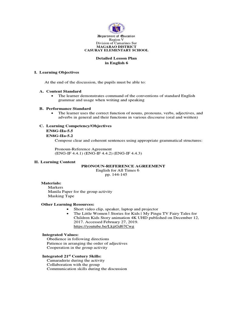 Lesson Plan-Pronoun Antecedent Agreement | PDF | Grammatical Gender ...