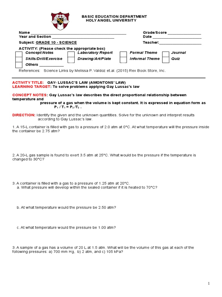 Activity Gay-Lussac's Law | PDF