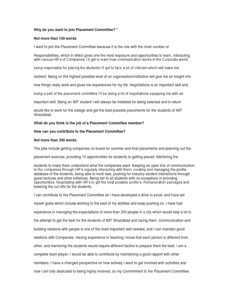 Why Do You Want To Join Placement Committee? Not More Than 150 Words ...