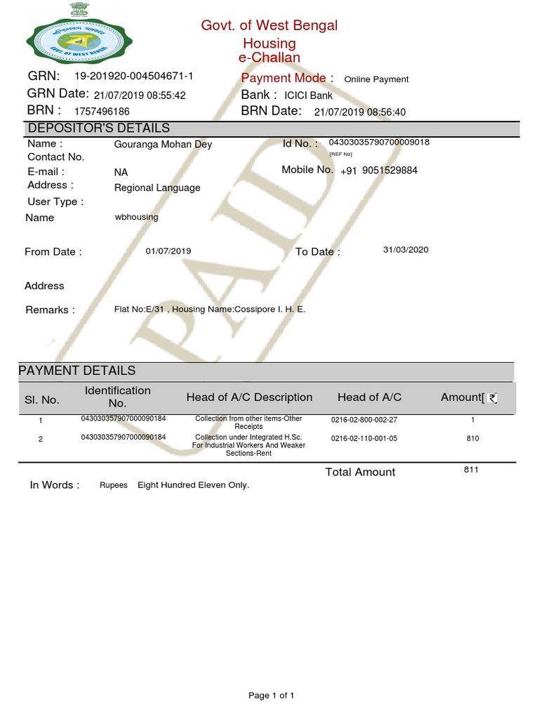 Govt. of West Bengal E-Challan Housing: GRN: GRN Date: Bank | PDF