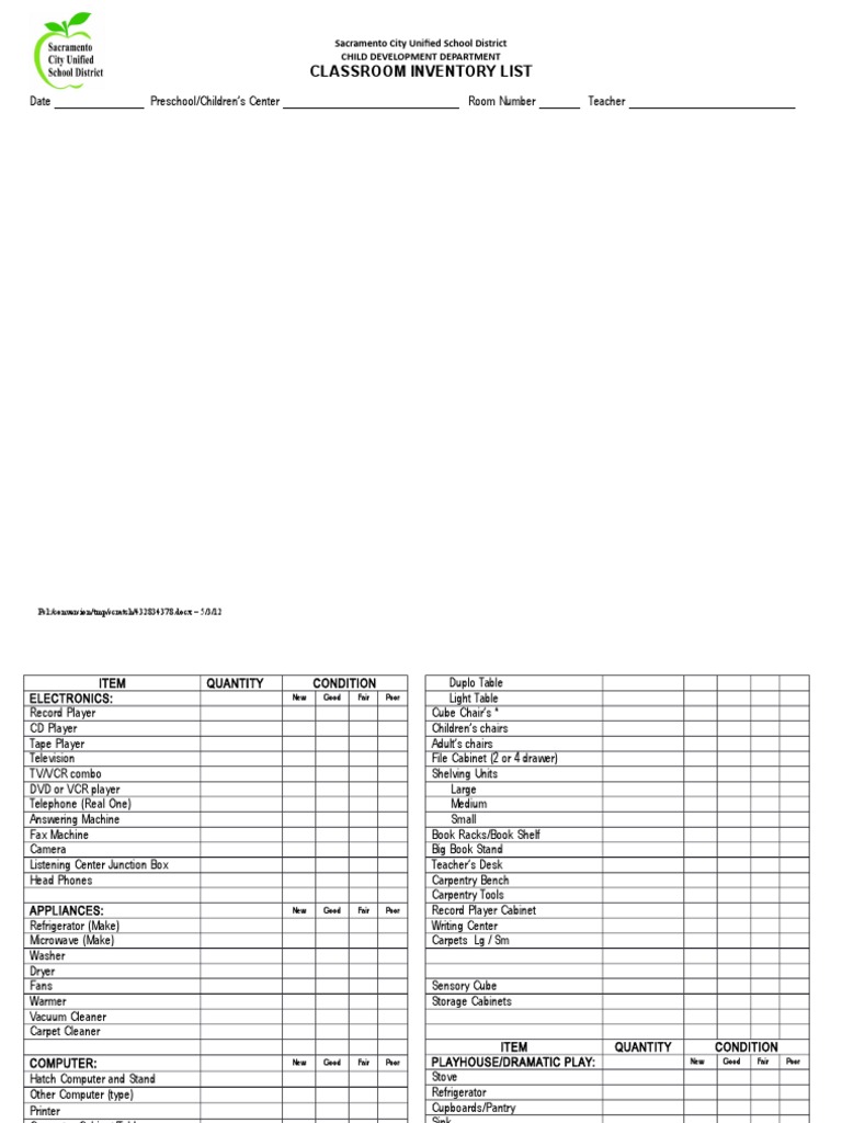 Classroom Inventory List: Date Preschool/Children's Center Room Number ...
