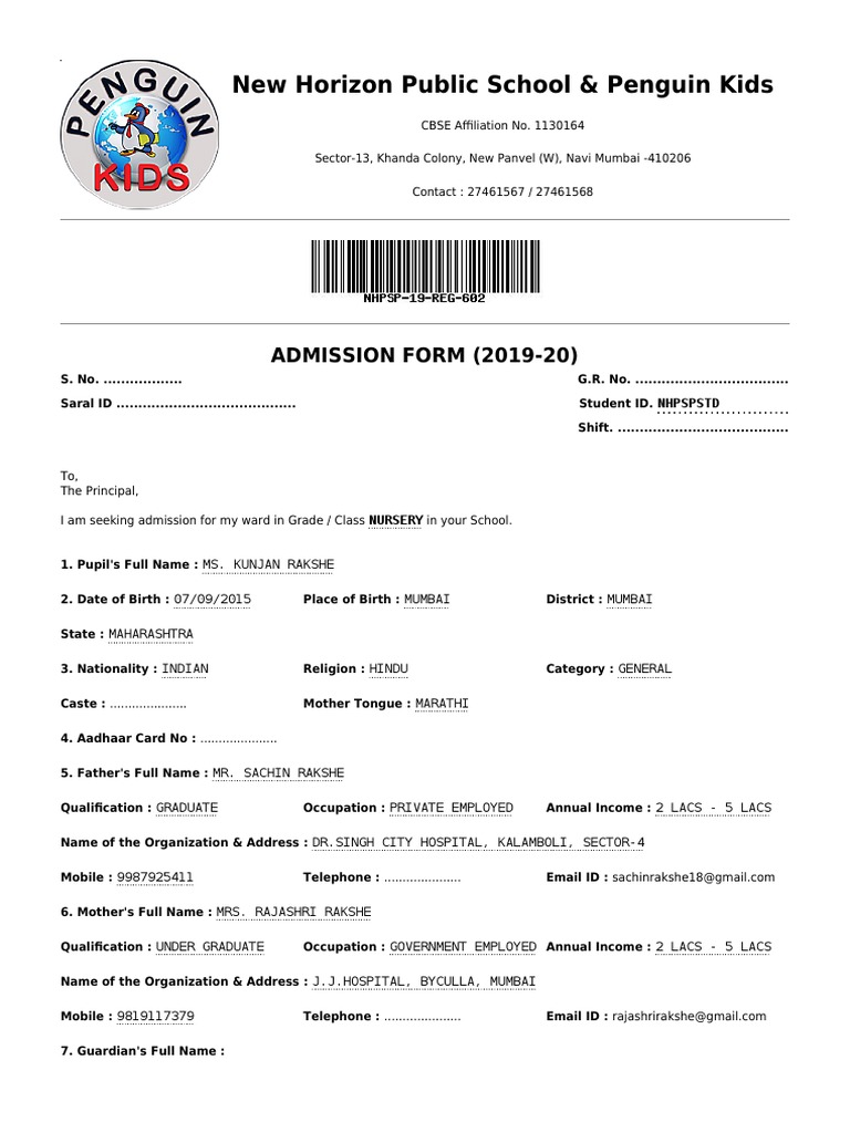 New Horizon Public School & Penguin Kids: ADMISSION FORM (2019-20 ...