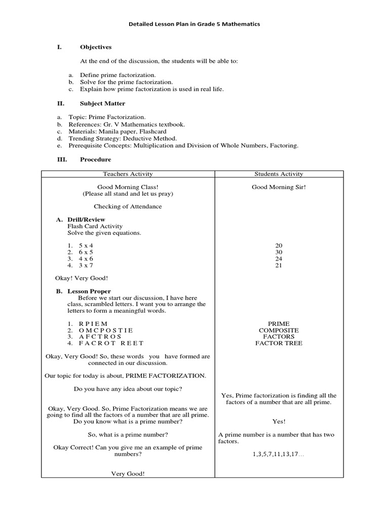 Detailed Lesson Plan in Grade 5 Mathematics | PDF | Prime Number ...