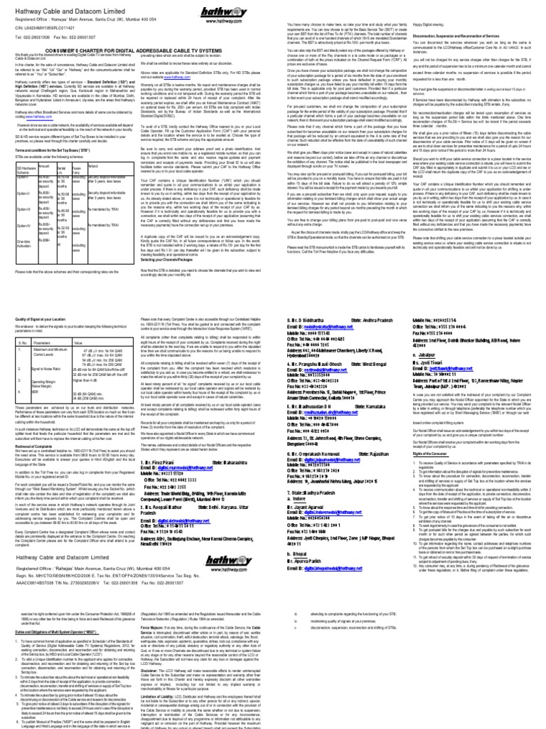 Consumer'S Charter For Digital Addressable Cable TV Systems ...