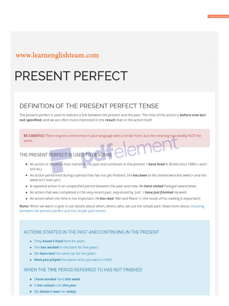 Present Perfect Tense PDF | Download Free PDF | Perfect (Grammar) | Verb
