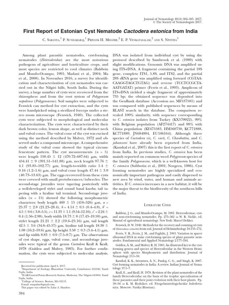 First Report of Cactodera estonica in India | PDF | Nematode | Dna ...
