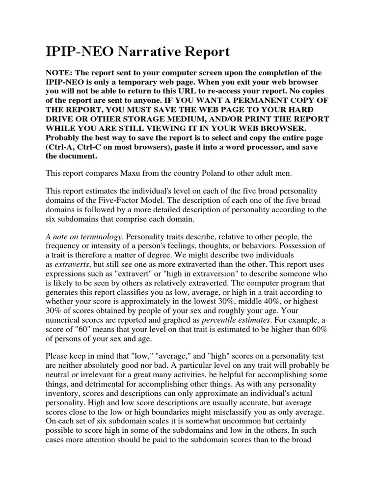 IPIP-NEO Narrative Report | PDF | Extraversion And Introversion | Anxiety