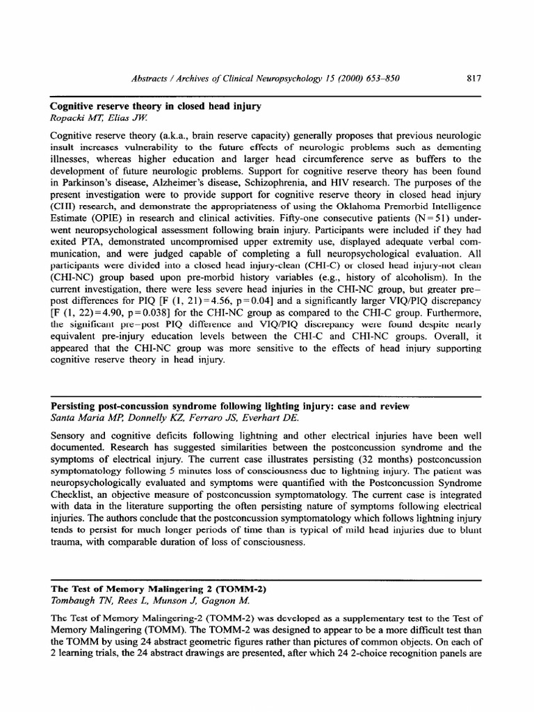 The Test of Memory Malingering 2 TOMM-2 PDF | PDF | Traumatic Brain ...