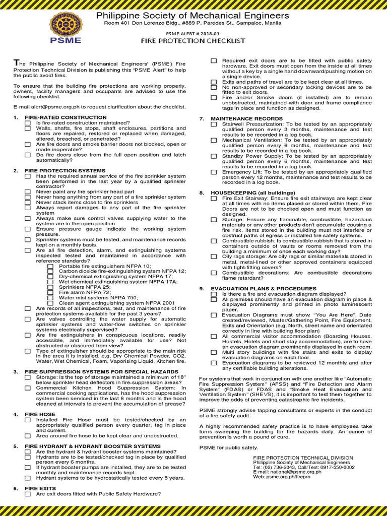 Fire Protection Checklist by PSME | PDF | Fire Sprinkler System | Fires