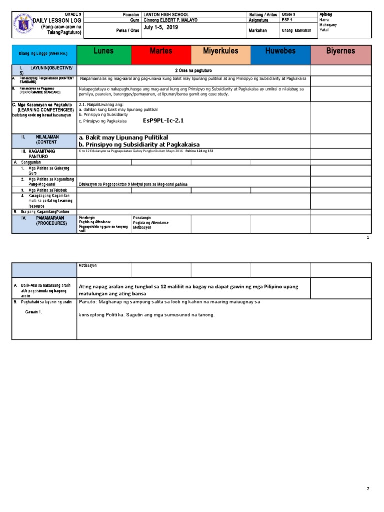 Esp Lesson Plan | PDF