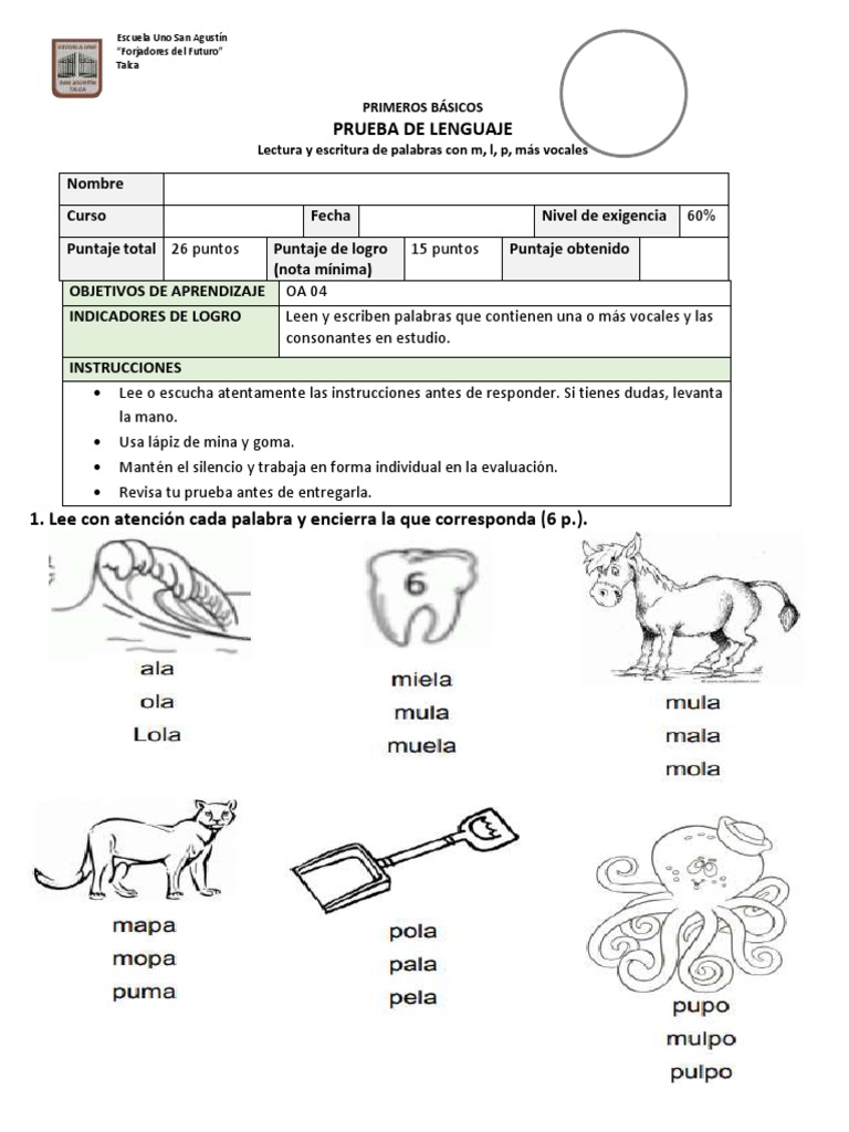 Evaluacion Palabras M L P | PDF | Artes del Lenguaje y Comunicación