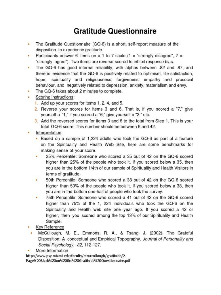 Gratitude Questionnaire: Social Psychology, 82, 112-127 | PDF