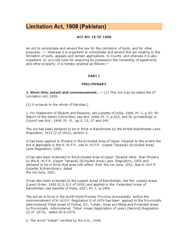Limitation Act, 1908 (Pakistan) : Act No. Ix of 1908 | PDF | Damages | Lawsuit