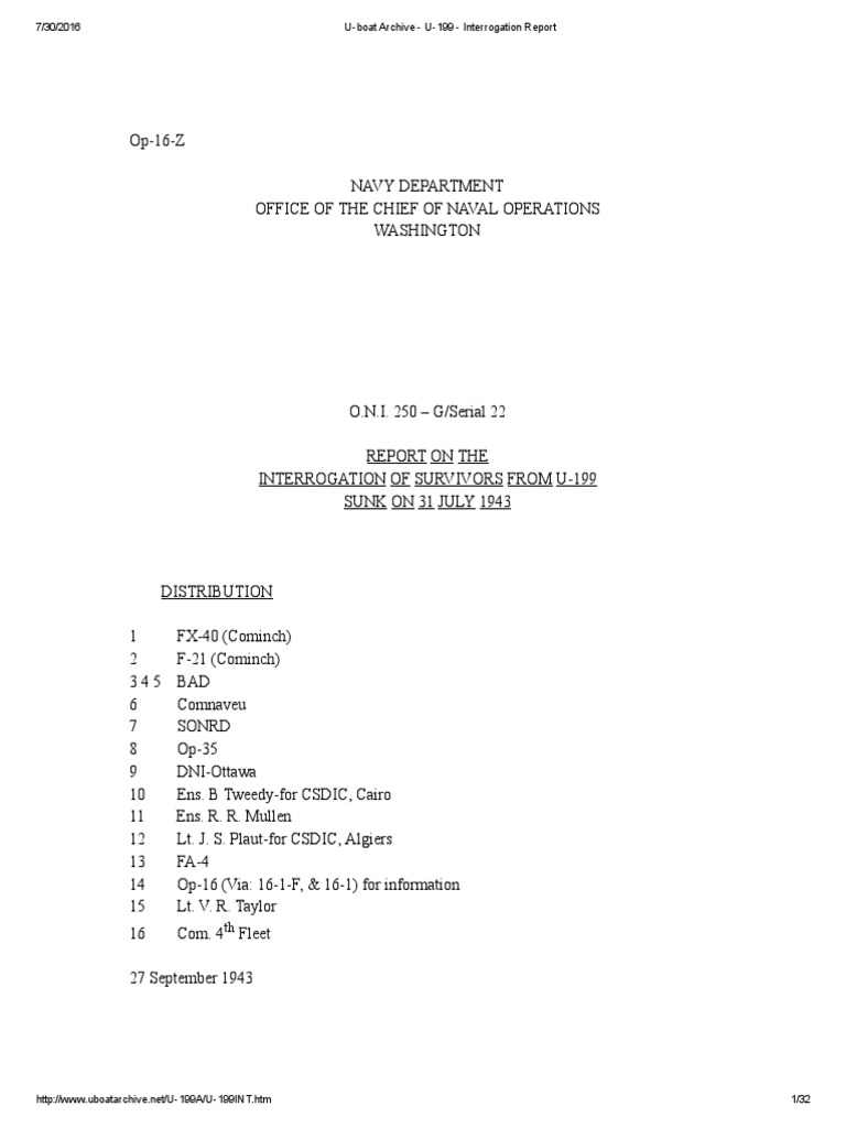 U Boat Archive U 199 Interrogation Report | PDF | Torpedo | Deck (Ship)