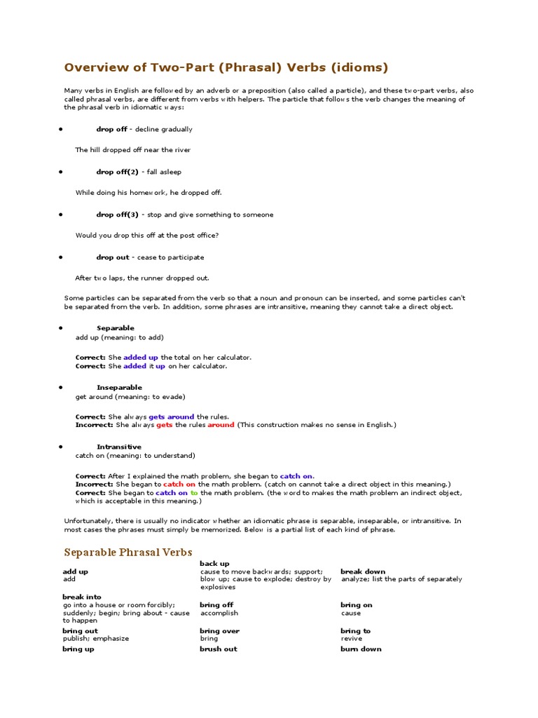 Overview of Two-Part (Phrasal) Verbs (Idioms) : Added Up Added Up | PDF ...