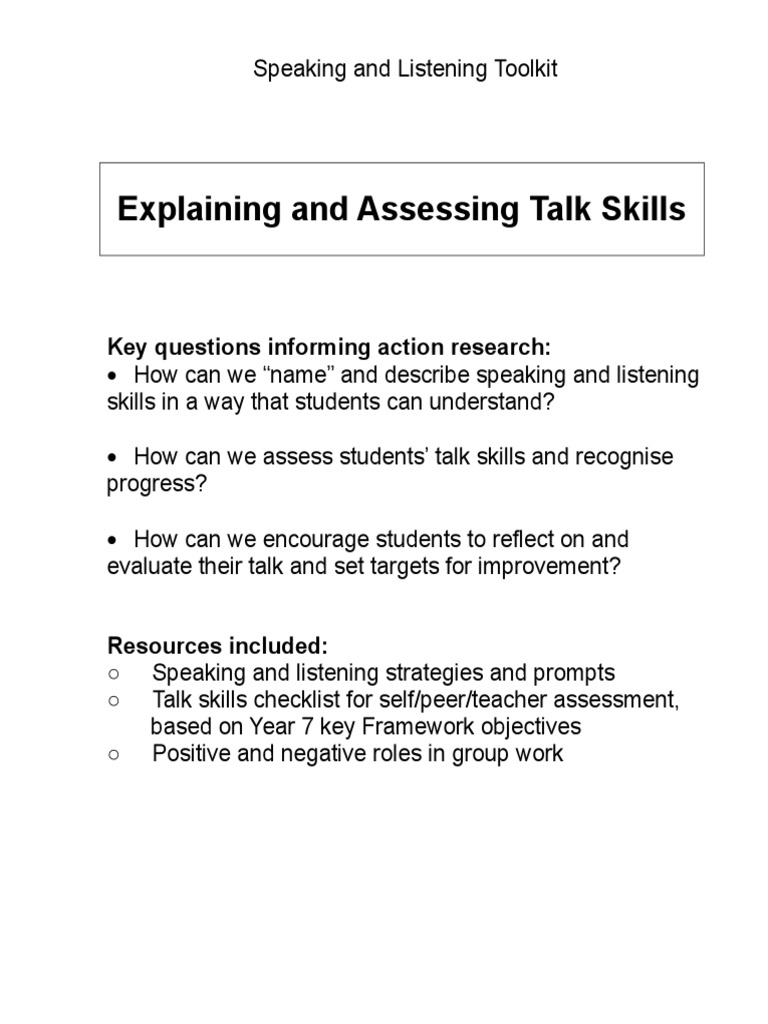 Explaining and Assessing Talk Skills: Key Questions Informing Action ...