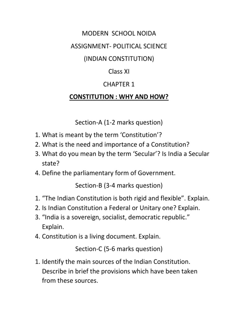 Class 11 Political Science: Constitution Assignment | PDF ...