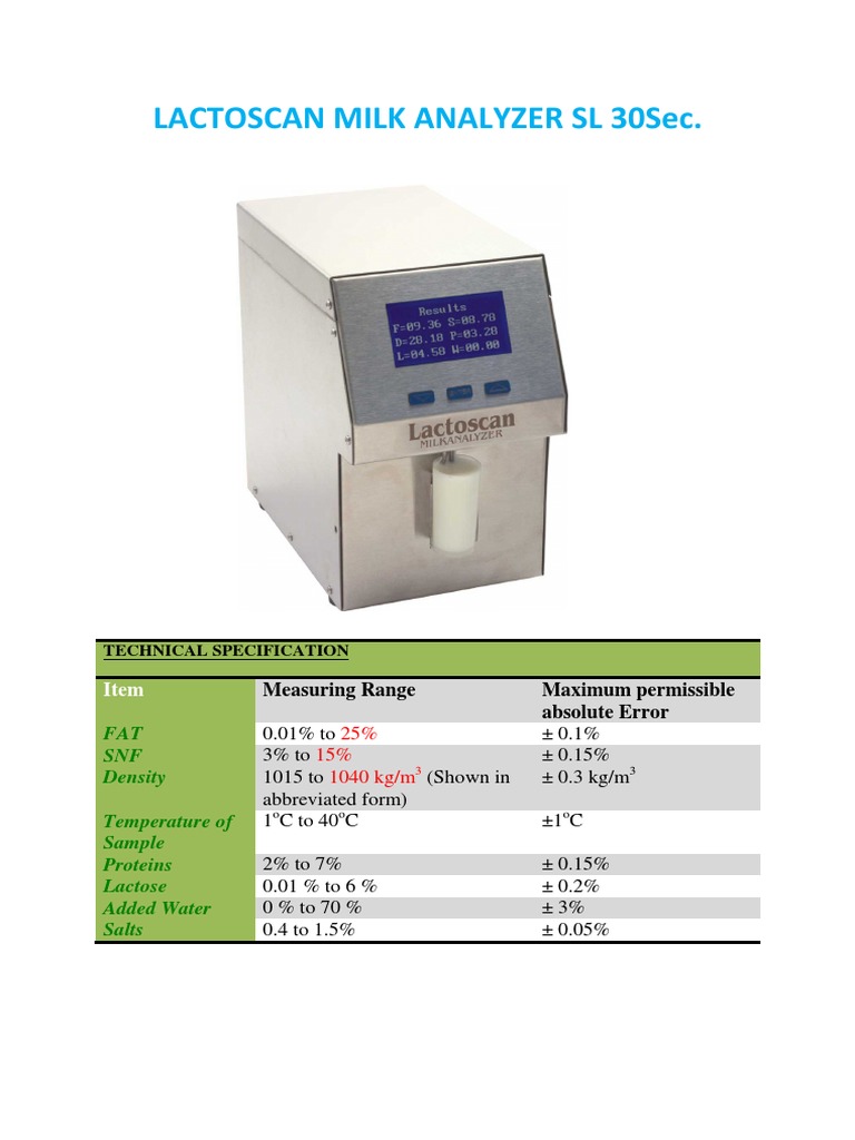 Lactoscan Milk Analyzer SL 30sec.: FAT SNF Density Temperature of ...