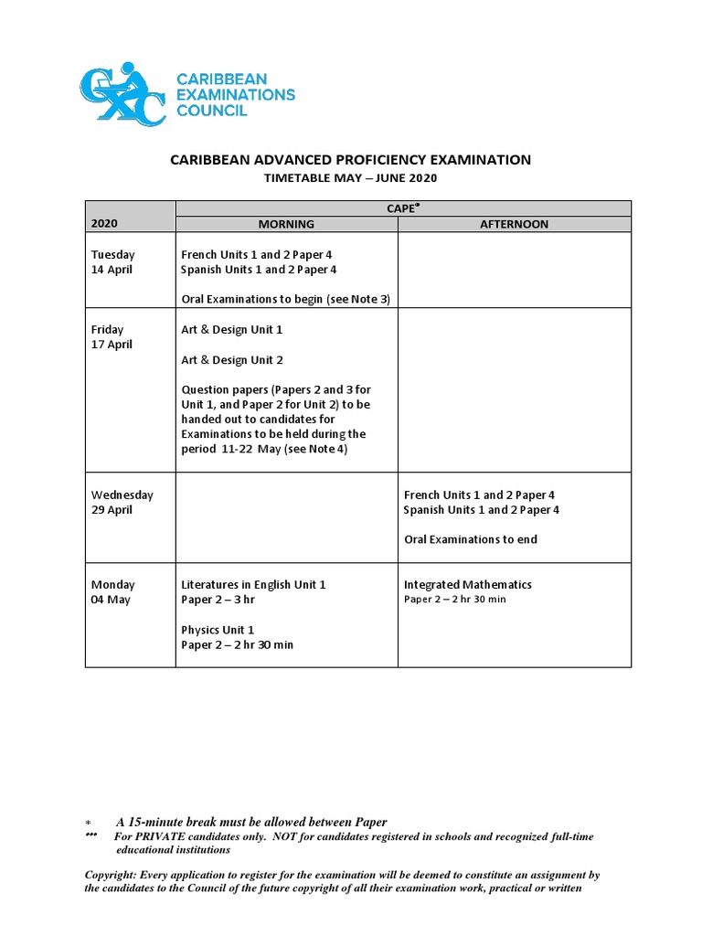 Timetable CAPE May June 2020 | PDF | Compact Disc | Test (Assessment)