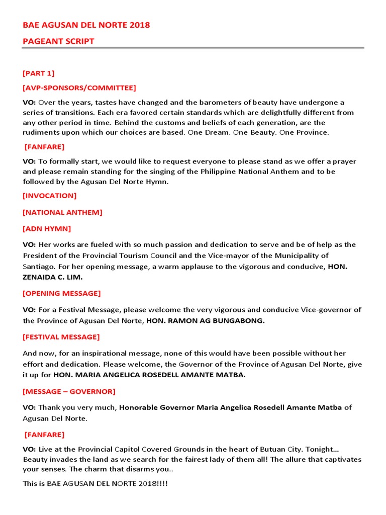 Bae Agusan Del Norte 2017 Pageant Script | PDF | Beauty