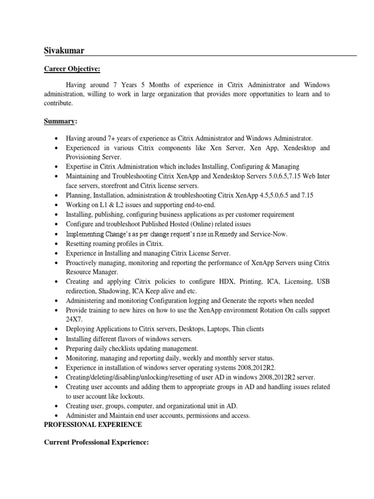 Sivakumar: Career Objective | PDF | Citrix Systems | Server (Computing)