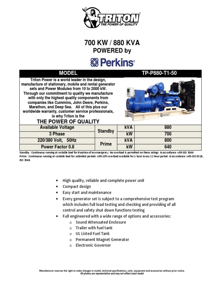 880 KVA Perkins Diesel Generator Set - Non EPA - 50Hz TP-P880-T1-50 ...