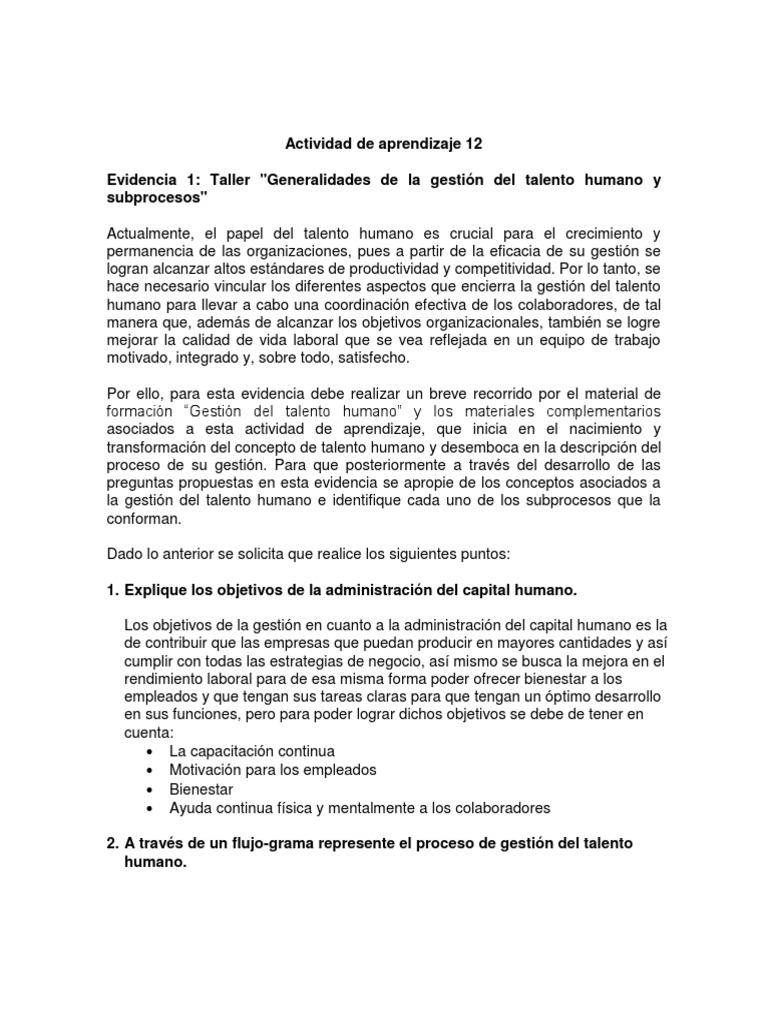Evidencia 1 Taller Generalidades de La Gestion Del Talento Humano y Subprocesos | PDF ...