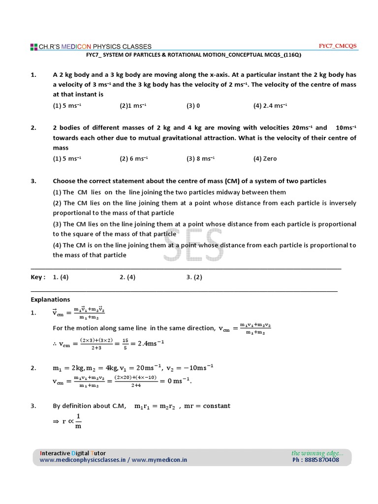Fyc7 - System of Particles & Rotational Motion - Conceptual Mcqs - (116Q) | PDF | Rotation ...