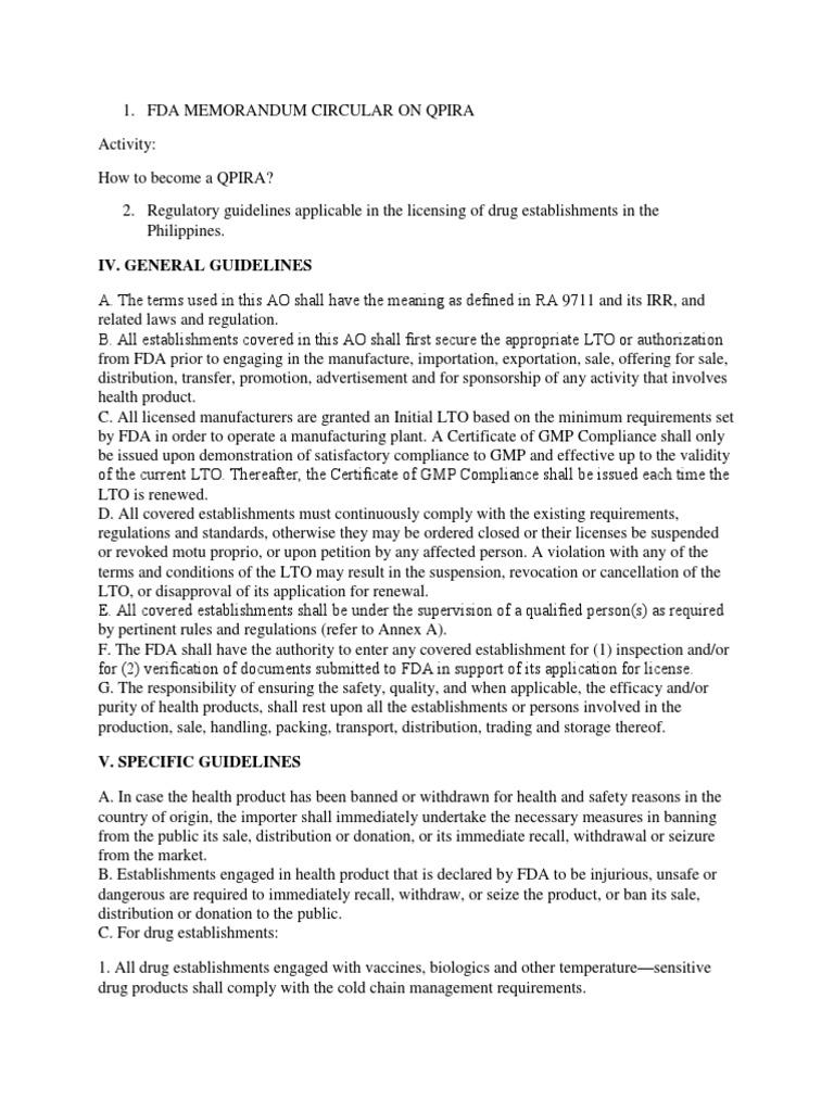 FDA MEMORANDUM CIRCULAR ON QPIRA.docx | Food And Drug Administration ...