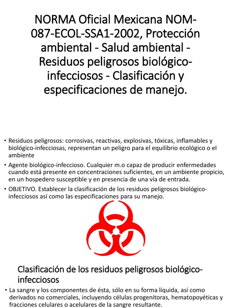 NORMA Oficial Mexicana NOM-087-ECOL-SSA1-2002, Protección Ambiental | PDF | Residuos | Sangre