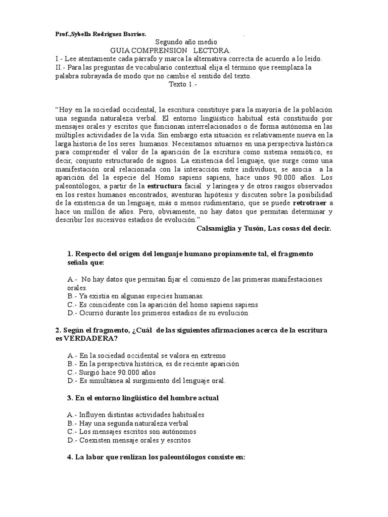 Guía de Comprensión Lectora 2º Medio | PDF | Homo Sapiens | Comprensión ...